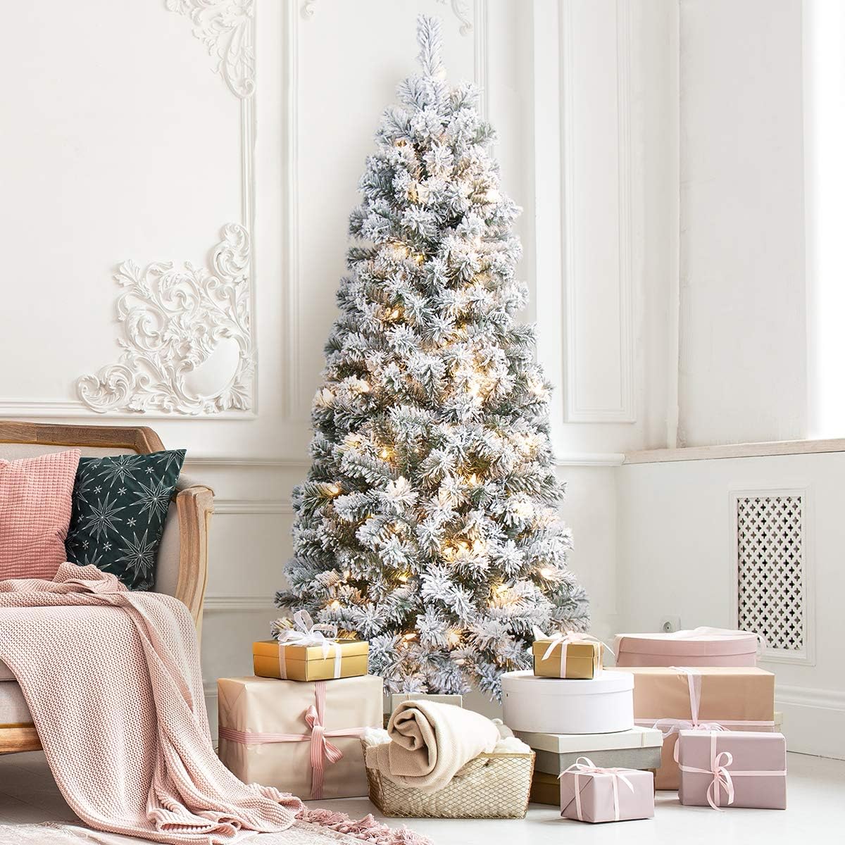 Snow Flocked Artificial Slim Christmas Tree Hinged Snowy Pencil ...