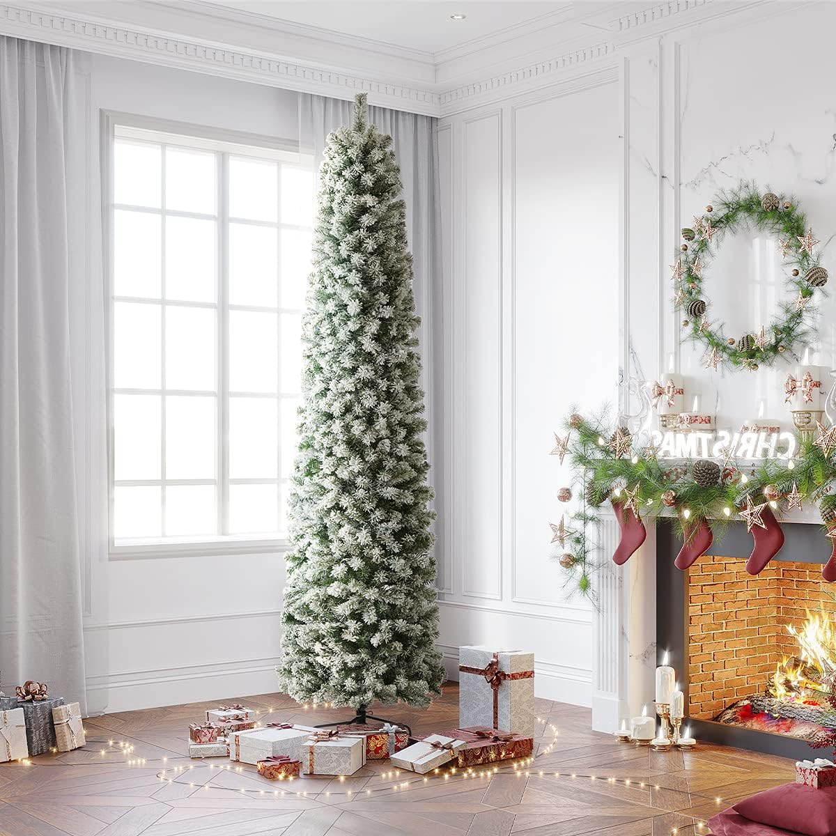 Snow Flocked Artificial Slim Christmas Tree Hinged Snowy Pencil ...