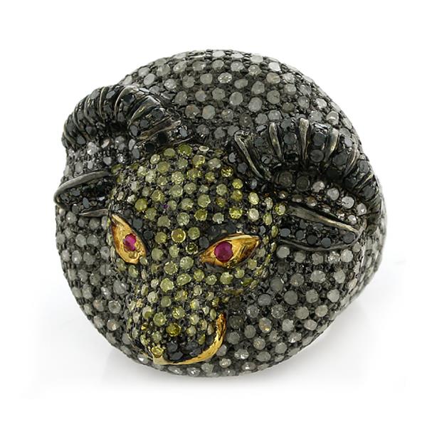 925 Sterling Silver Multicolor Natural Diamond Ruby Bull Head Cocktail ...